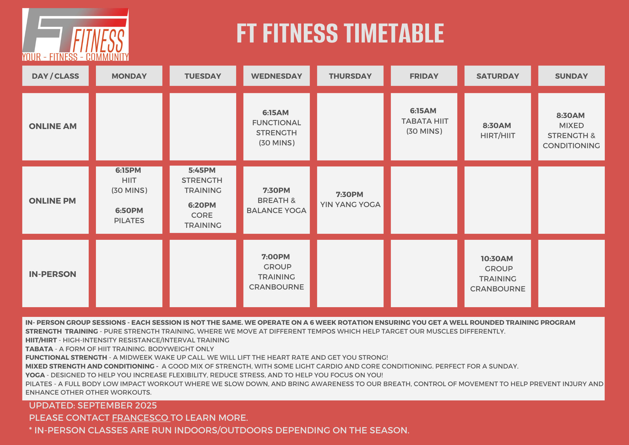 Timetable | Join Our Schedule - Get Moving Today — FT Fitness