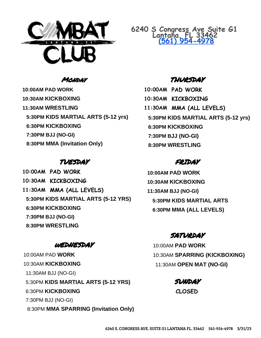 Schedule — Combat Club