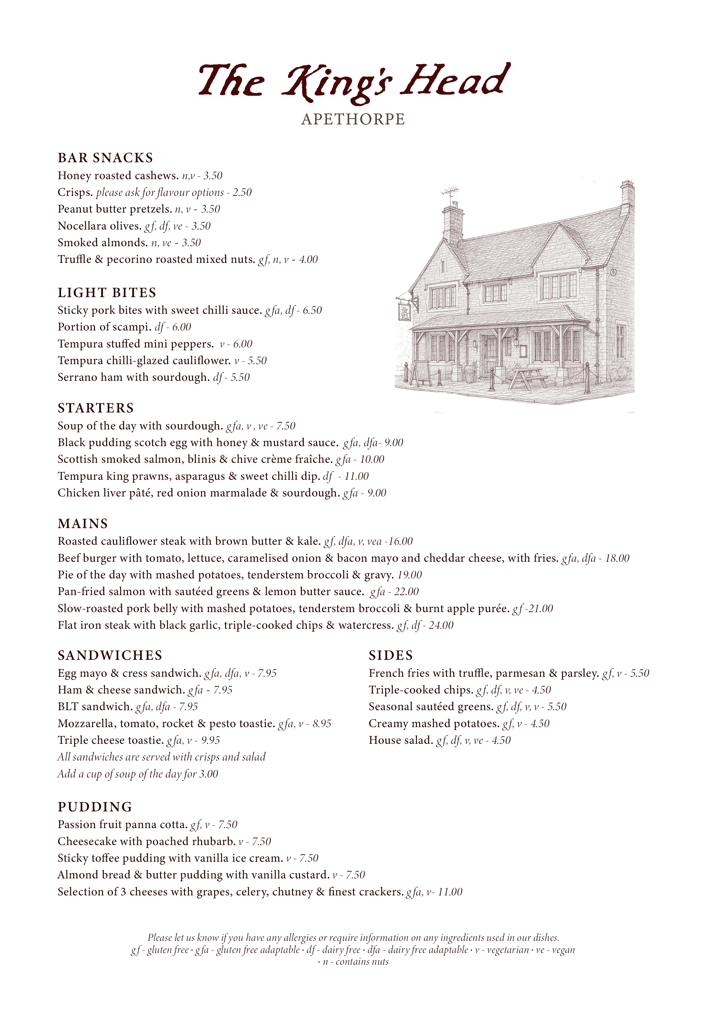 Menu — The King's Head, Apethorpe