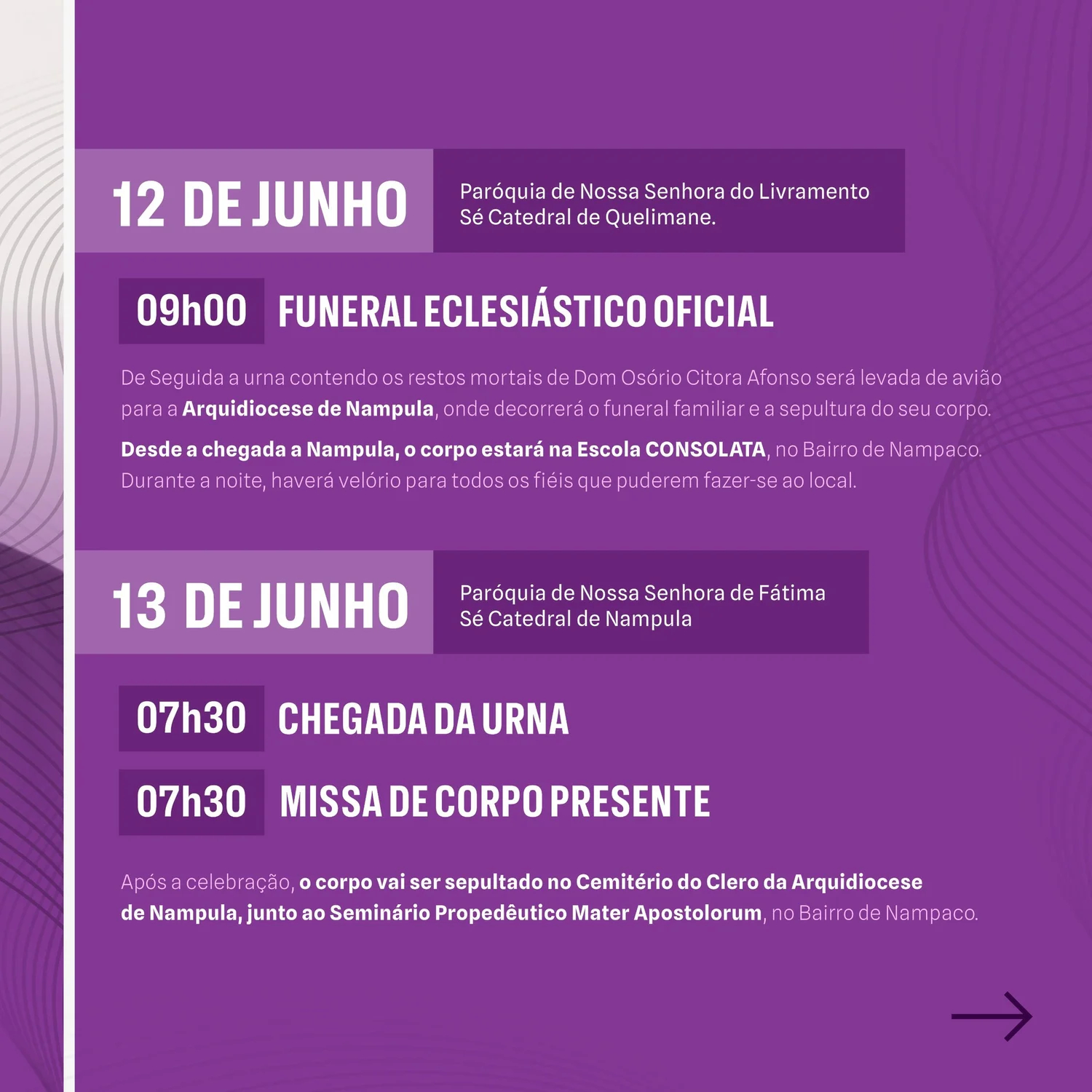 Programa das Exéquias de Dom Osório Citora Afonso, IMC — Conferência ...