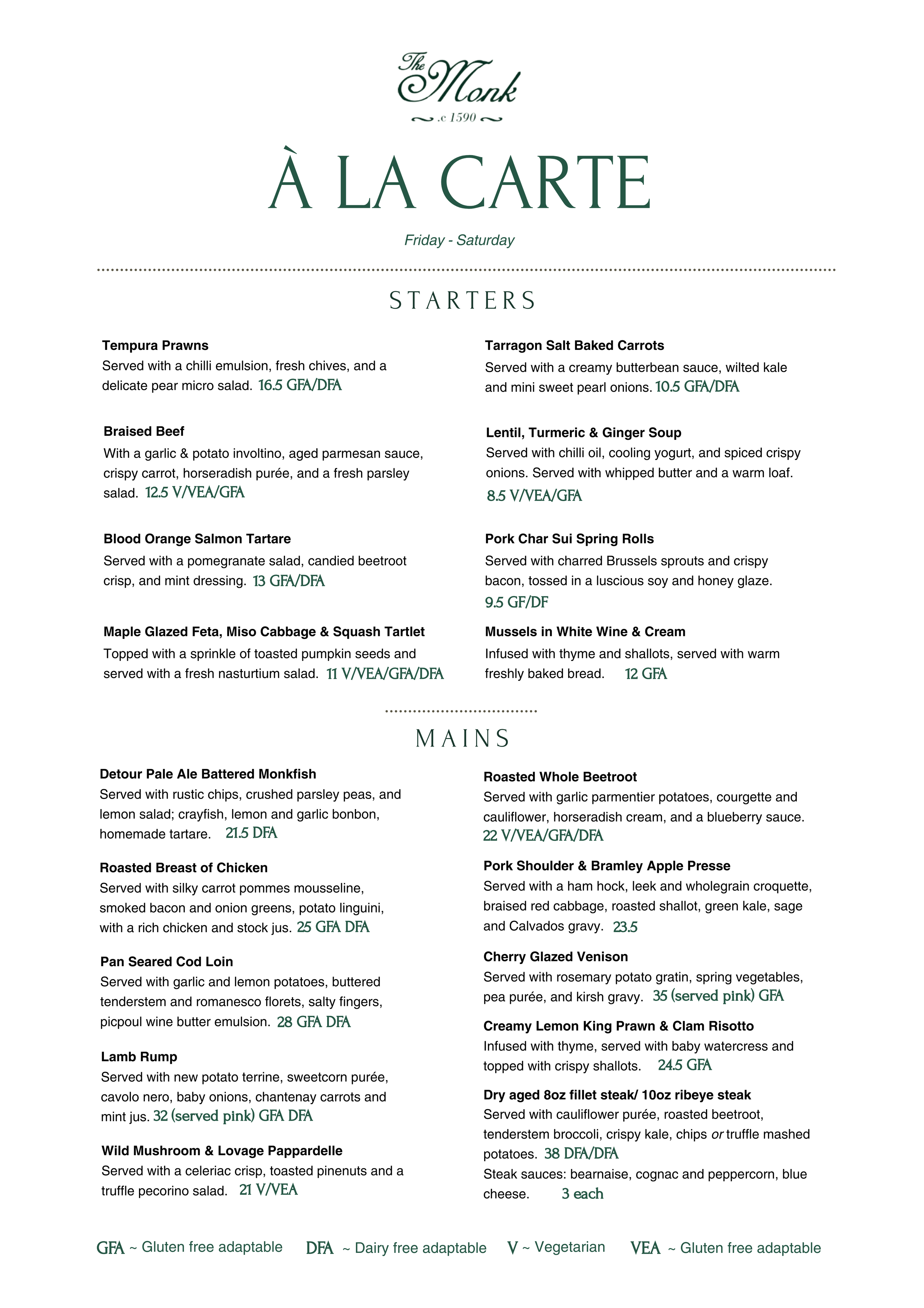 À La Carte Menu — The Monk, Quorn