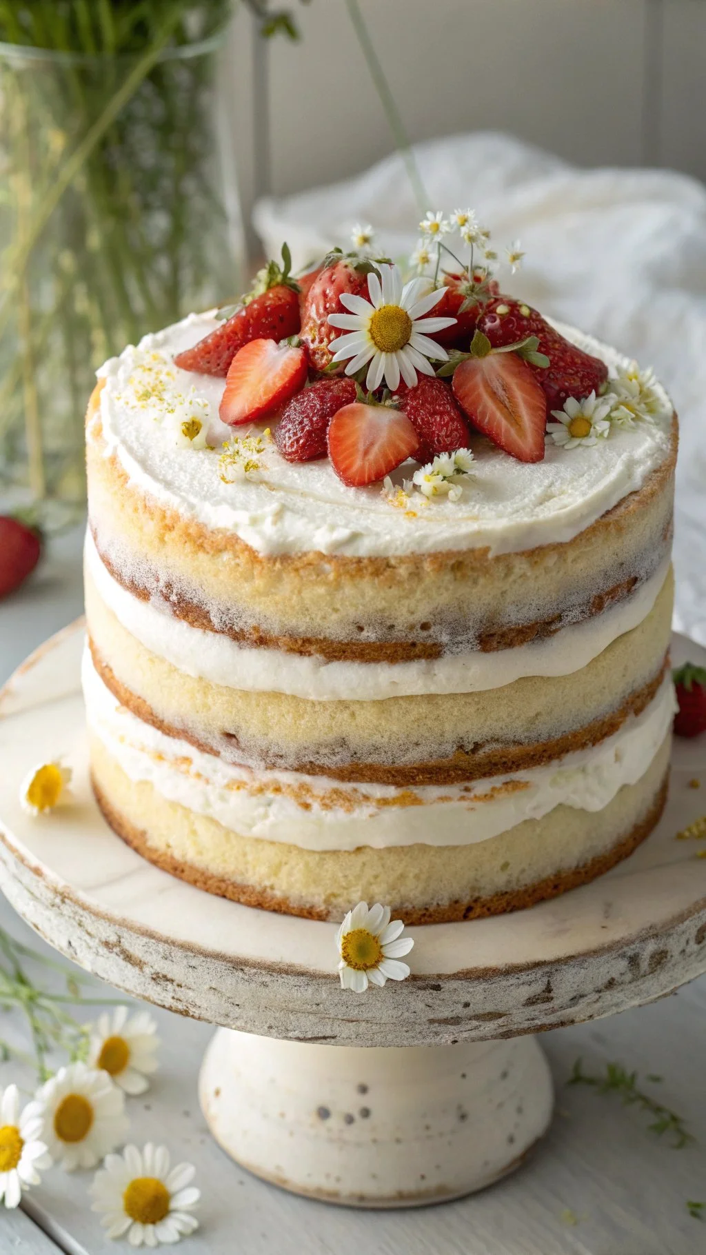 Rustic 3-Layer Vanilla Cake with Strawberries & Chamomile — One Pot Pia