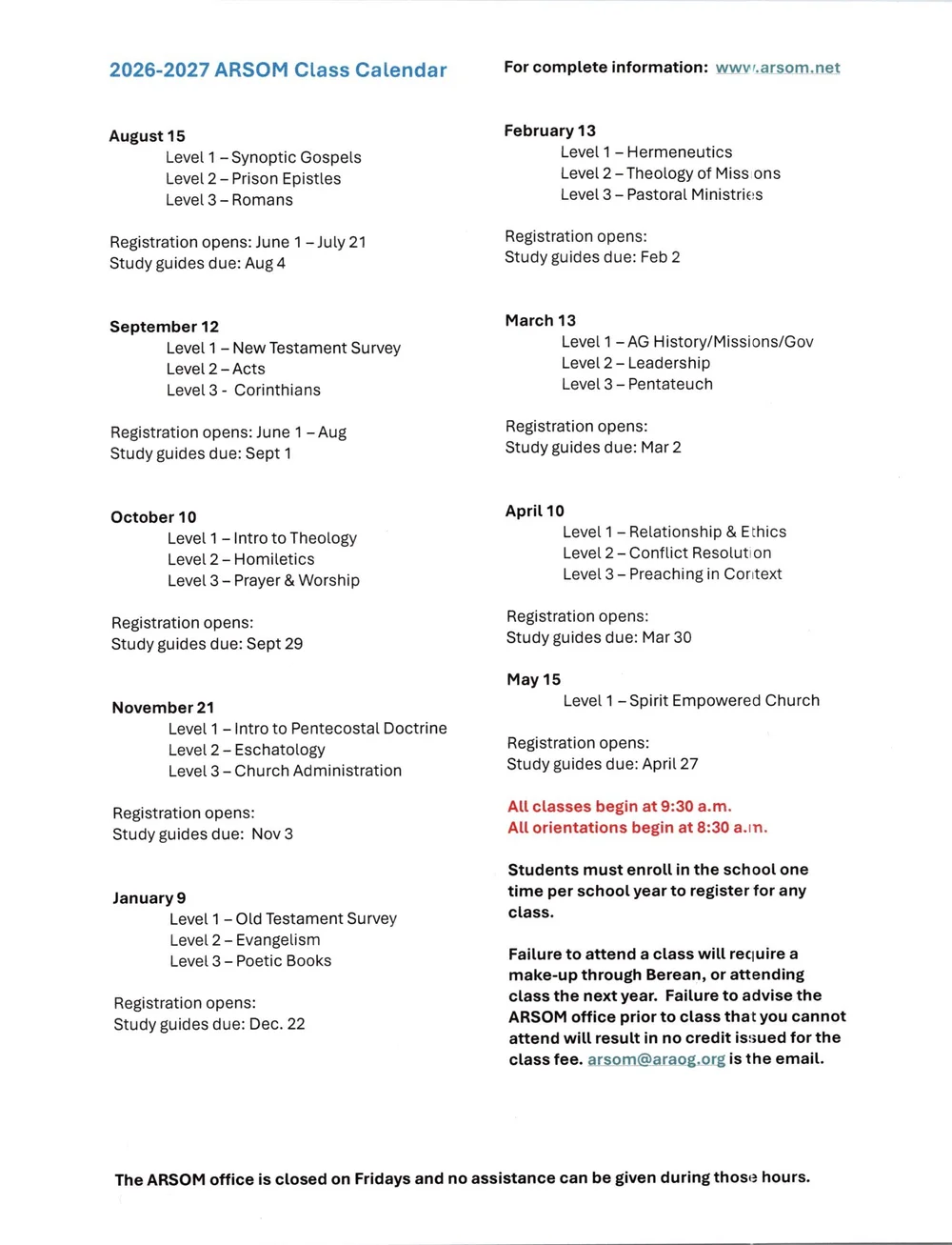 Current School Year Calendar — ARSOM - Arkansas School of Ministry