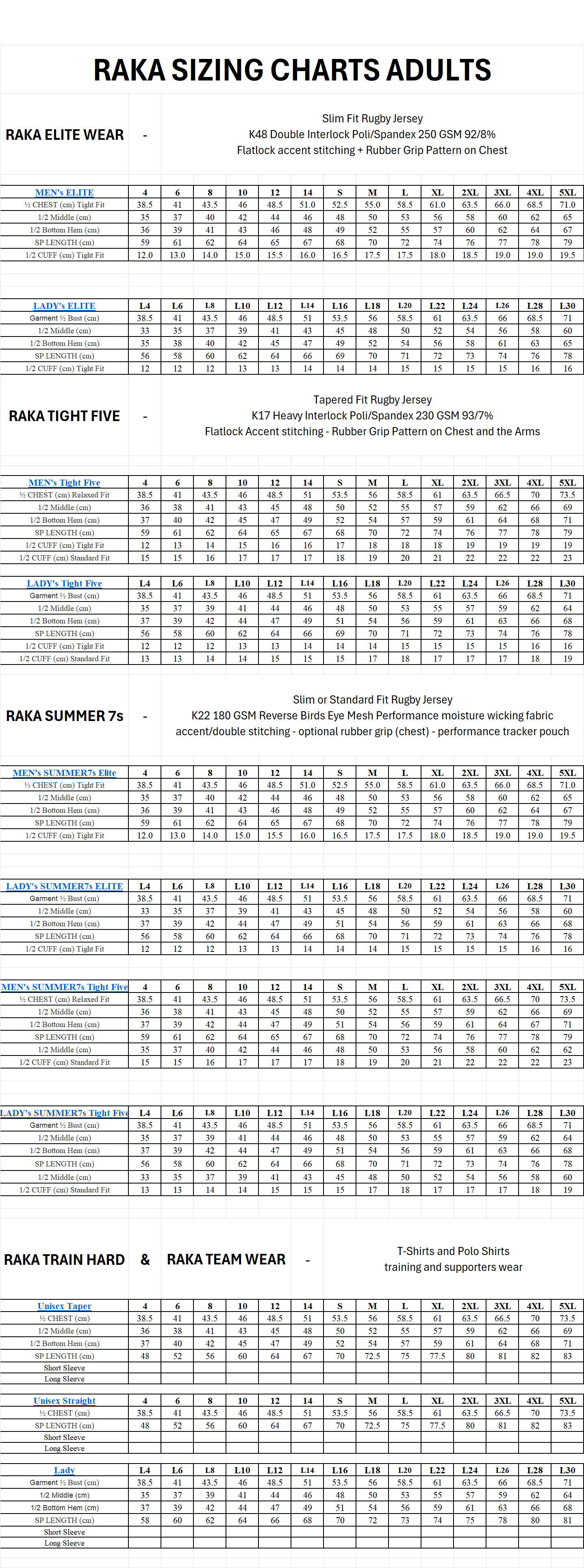 Sizing Charts | Find the Perfect Fit Today — Raka Team Wear