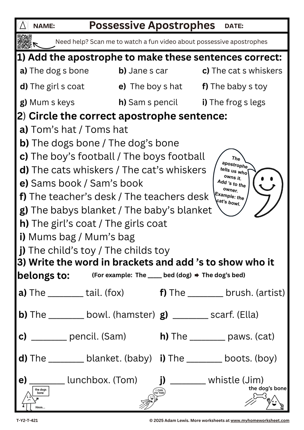 Possessive Apostrophes — Printable Homework Worksheet Bundles for ...