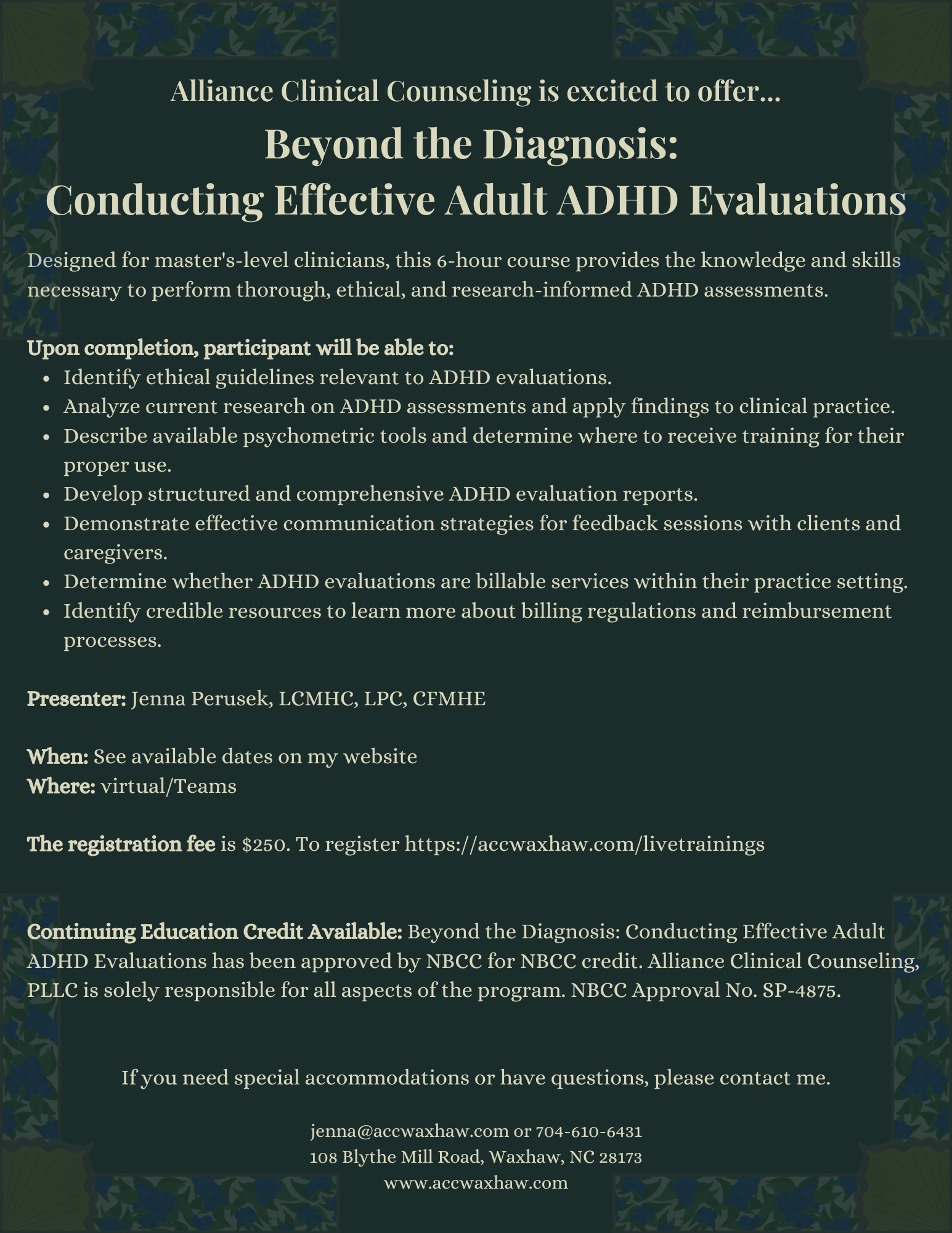 Beyond the Diagnosis: Conducting Effective Adult ADHD Evaluations — Jenna Perusek, LCMHC, LPC, CFMHE