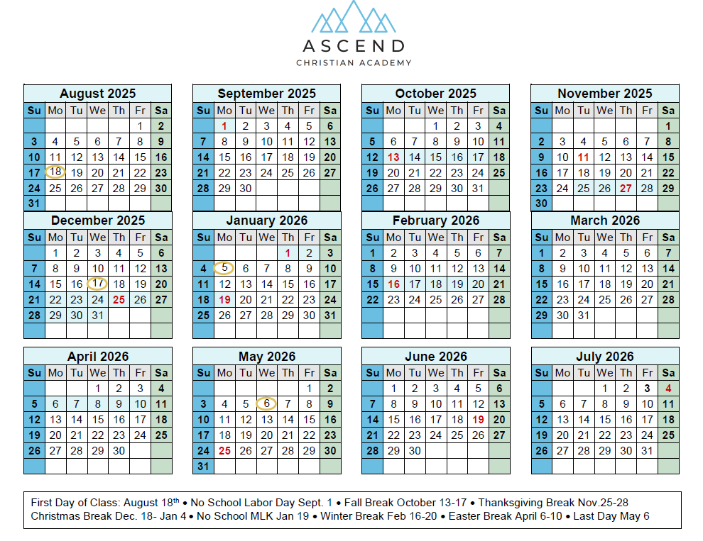 Academic Calendar | Plan Your Year — Ascend Christian Academy ...