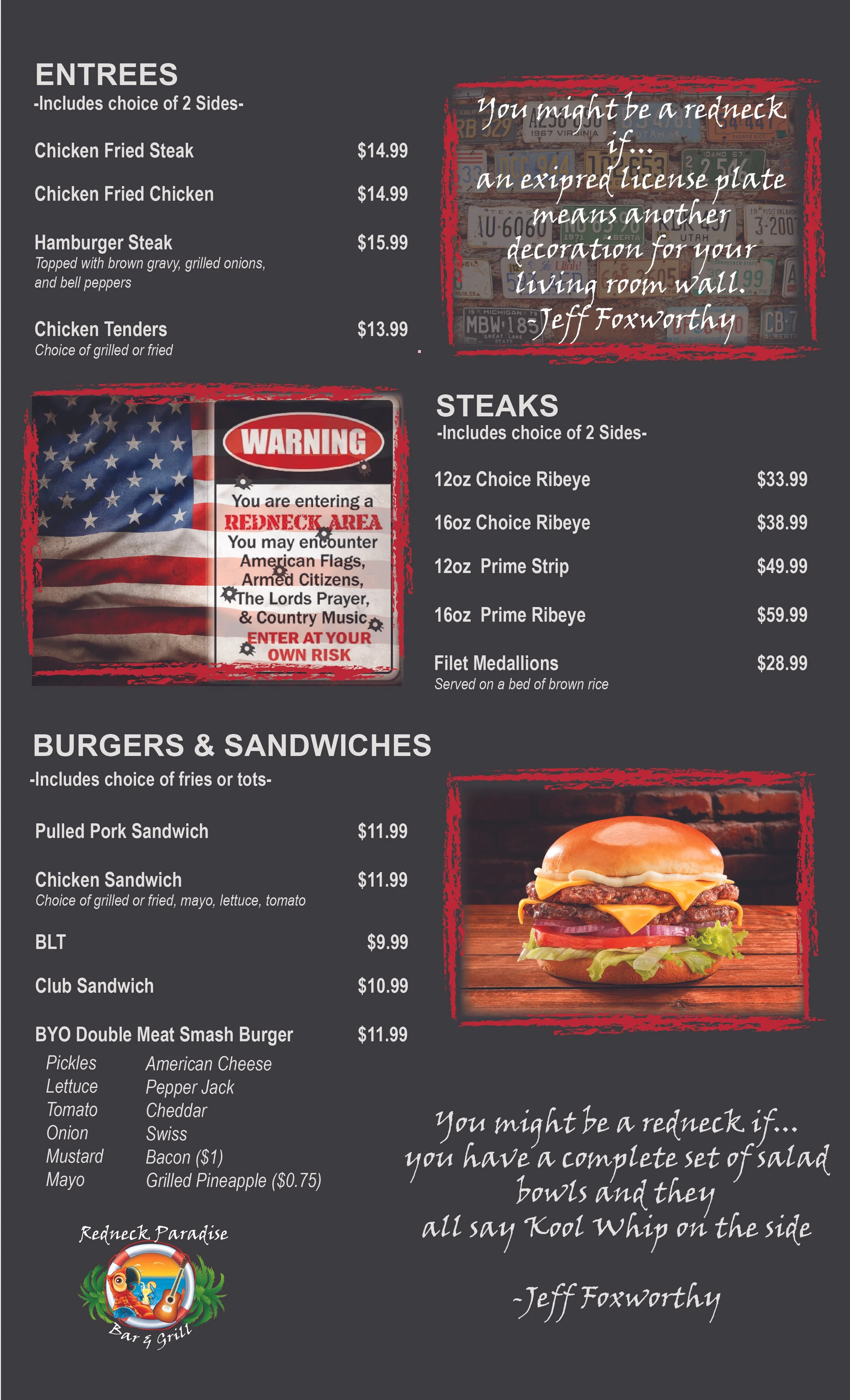 Menu | Discover Flavor Now — Redneck Paradise Andrews Texas