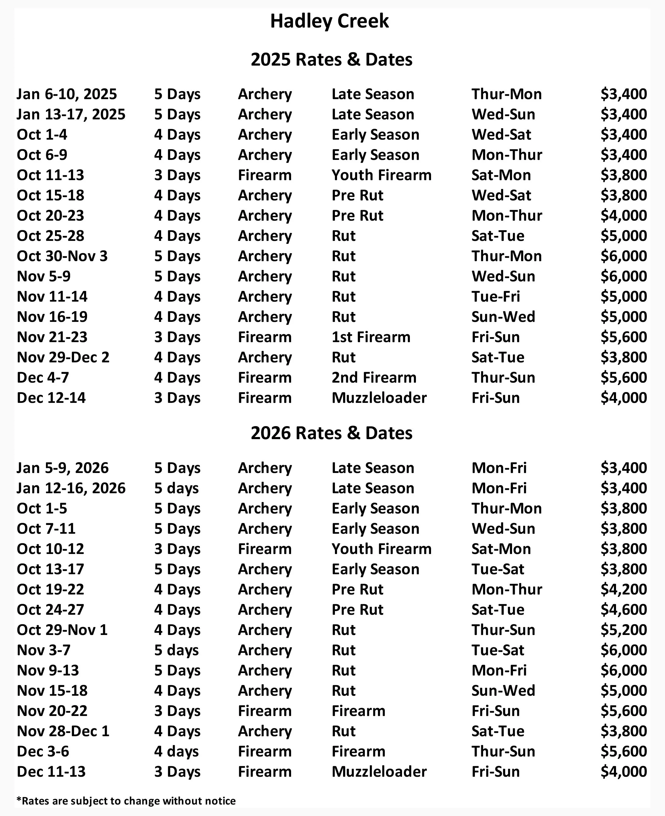 Rates and Dates — Hadley Creek Outfitters