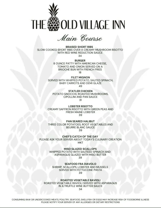 Old Village Inn Dinner Menu — The Old Village Inn Restaurant