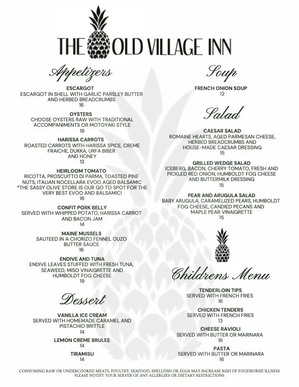 Old Village Inn Dinner Menu — The Old Village Inn Restaurant
