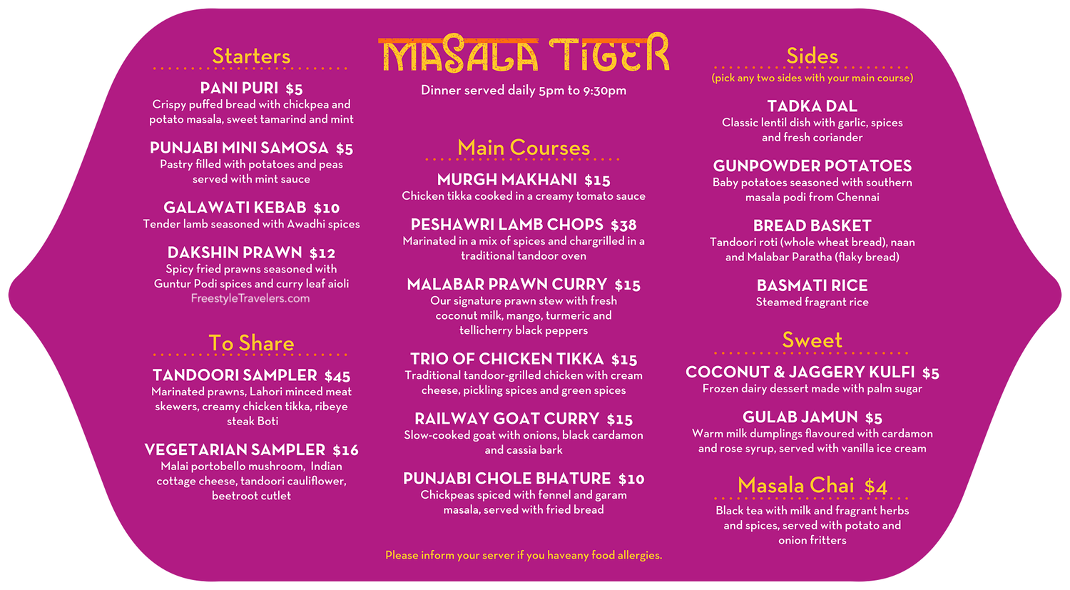 Masala Tiger PDF Menus, Prices, & Info - Carnival Cruise Line — The ...