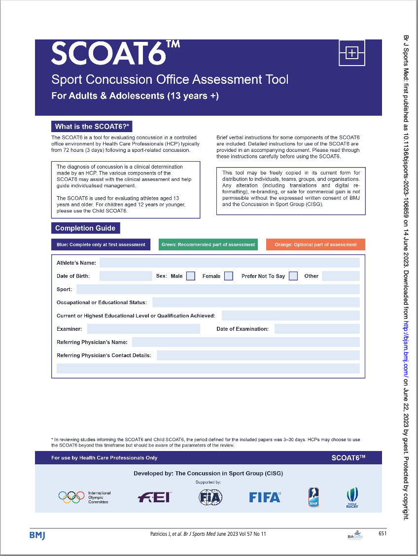 SCAT6 Fillable Form (Free PDF) + Clinician’s Guide – Concussion ...