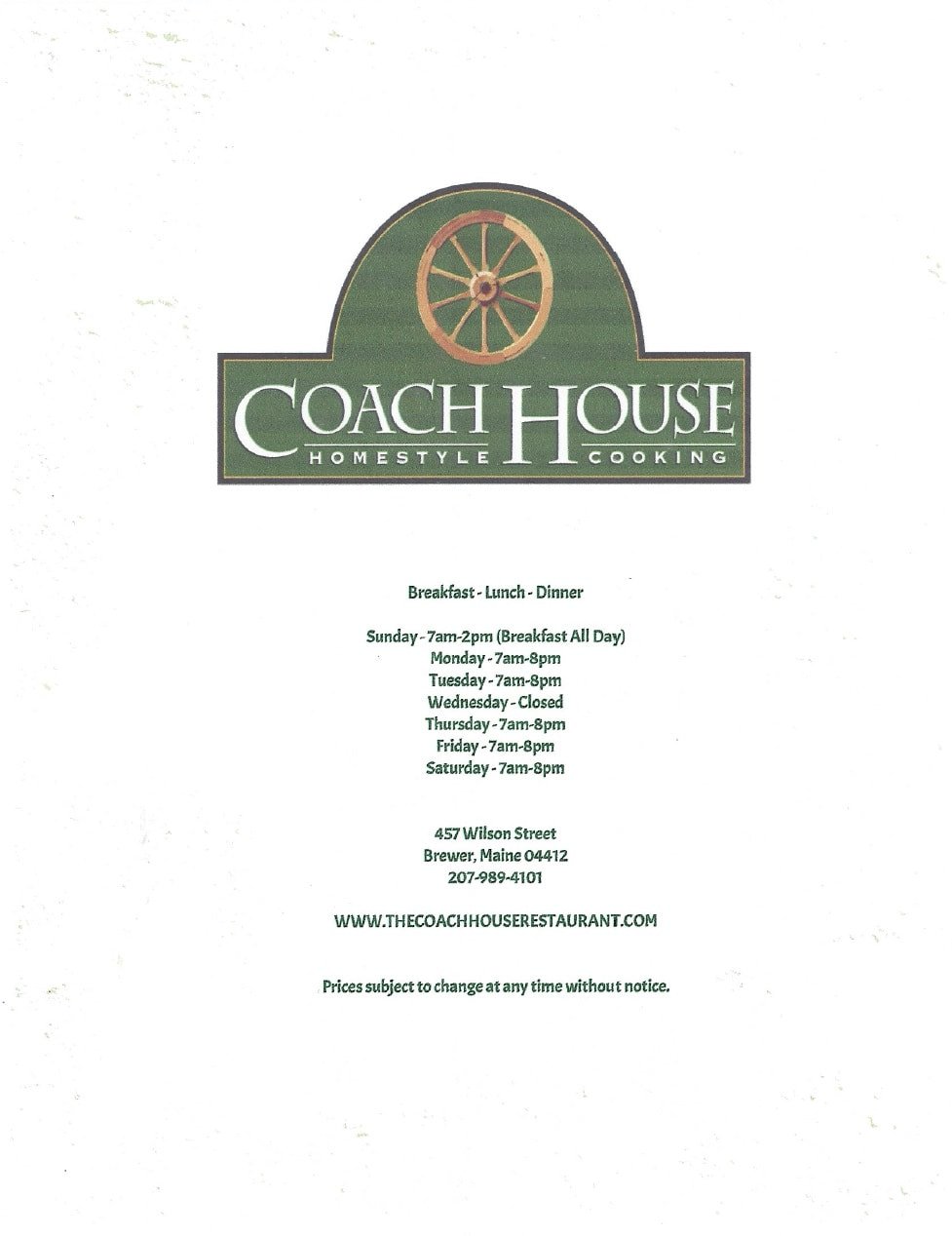Menu — The Coach House Restaurant