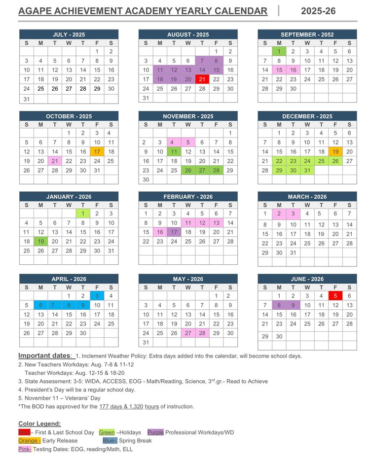 School Calendar | Explore & Enroll Today — Agape Achievement Academy