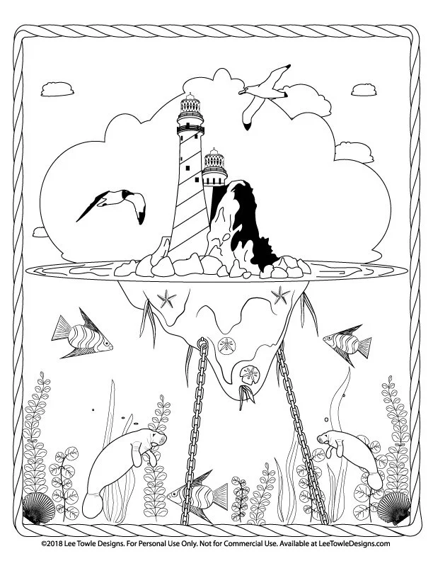 Fantasy Floating Island Lighthouse with Underwater Scene Coloring Page ...