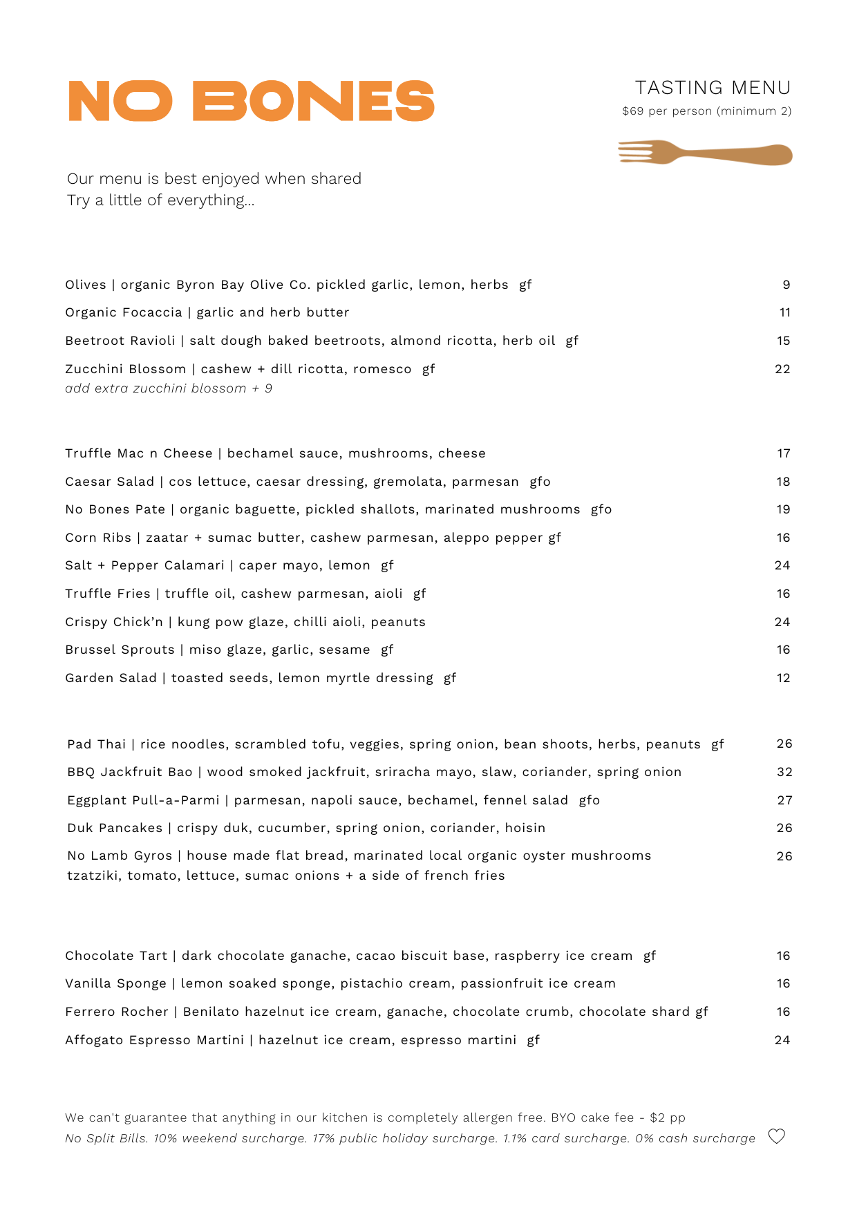 100% Vegan Dinner Menu | No Bones Byron Bay