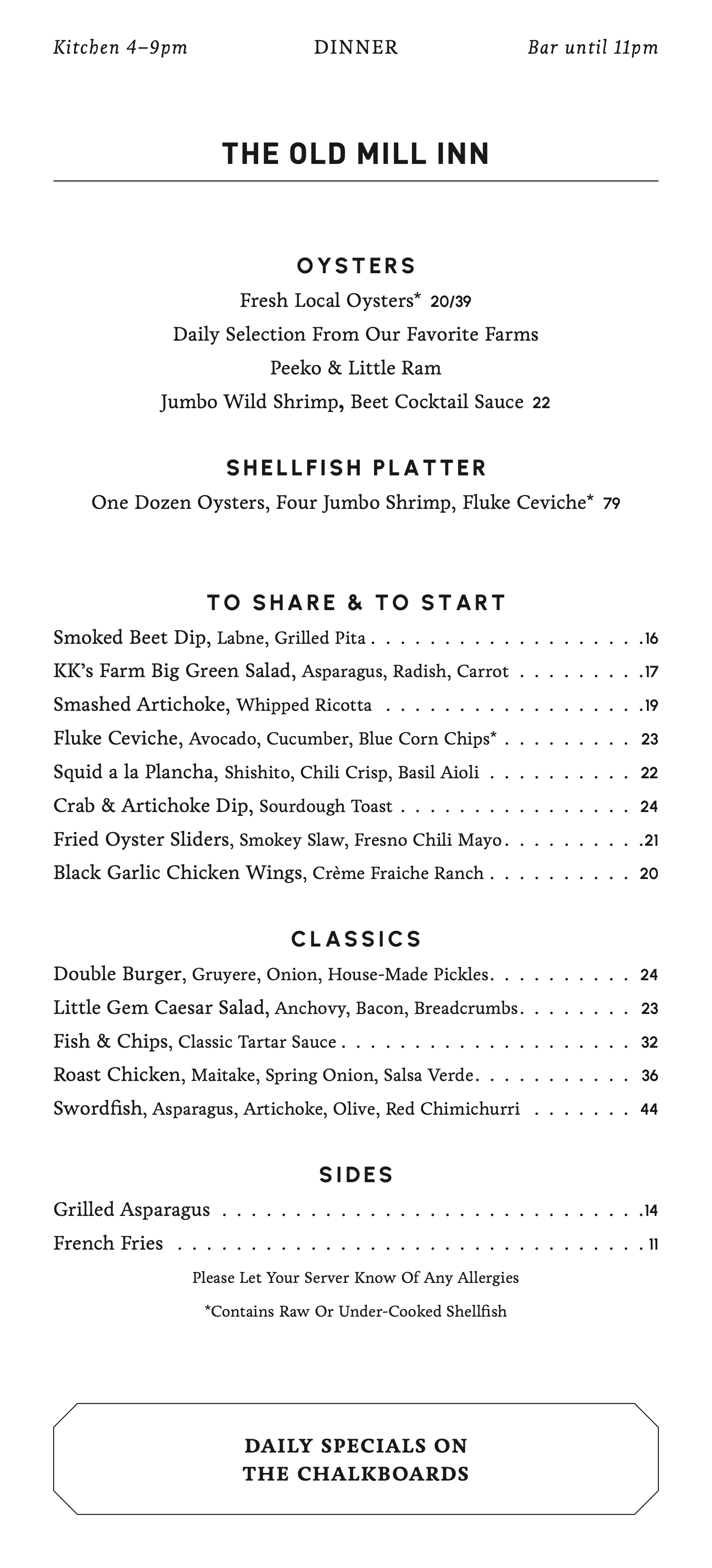 Menus — Old Mill Inn