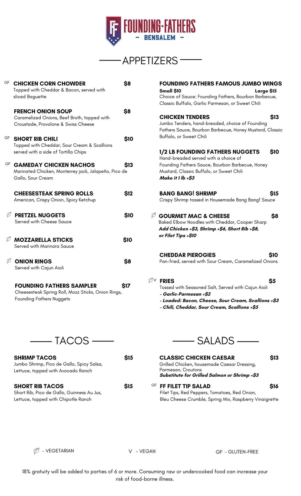 Appetizers, Sandwiches, Entrees — Founding-Fathers-Bensalem-PA ...