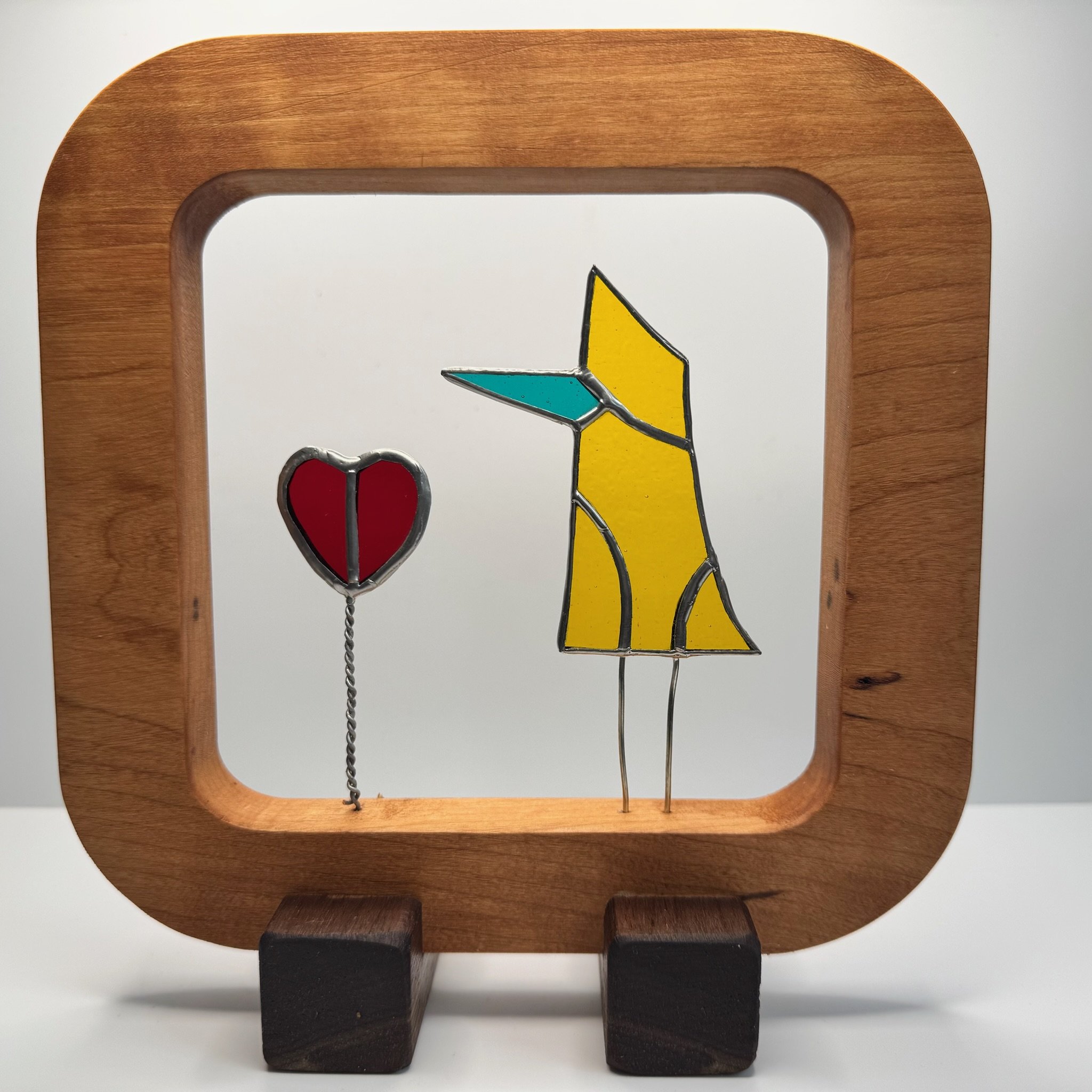 Stained Glass Bird with Wood Frame - Yellow with Heart — Leah ...