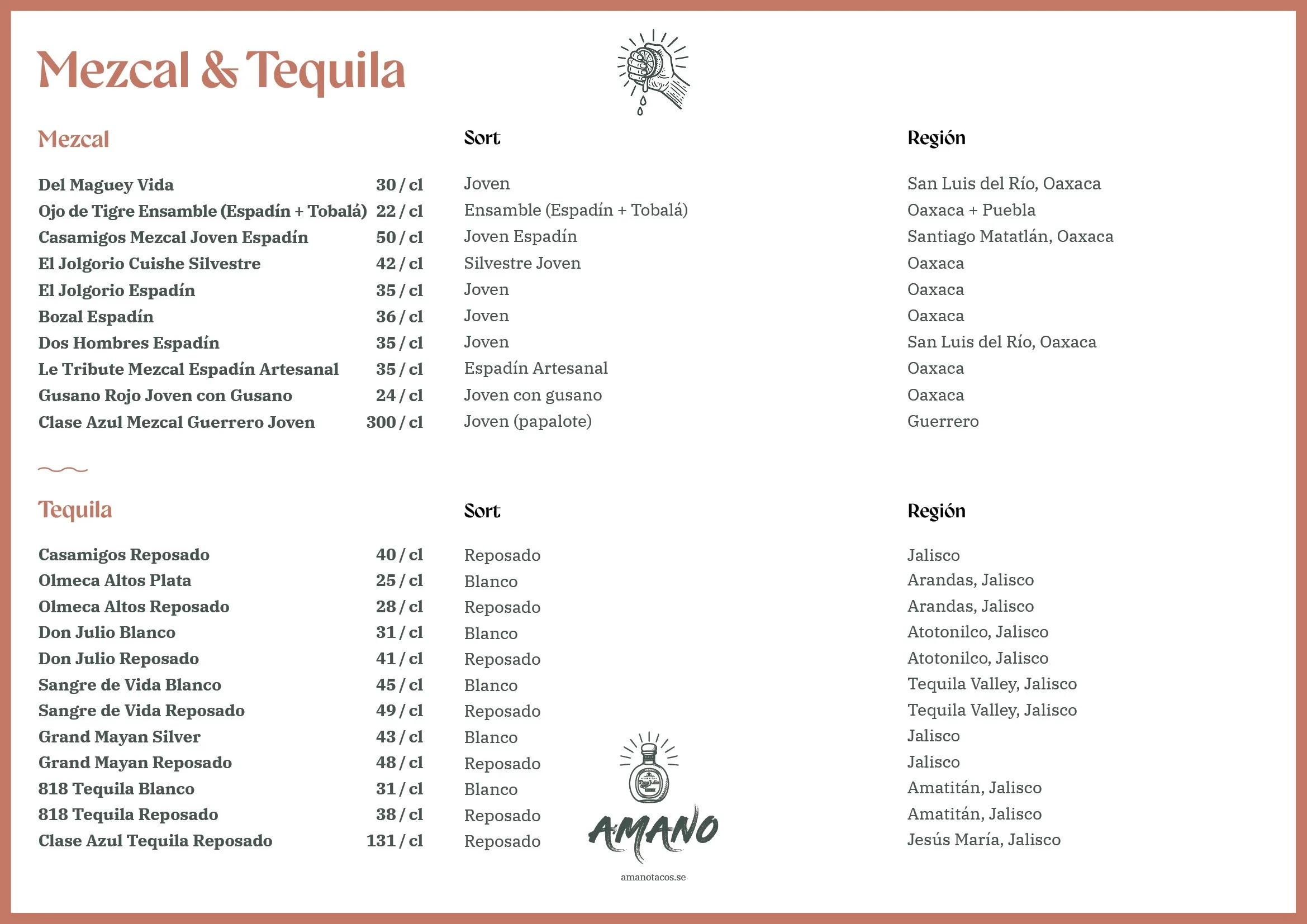 Meny | Tacos, sides & mezcal — Amano Tacos