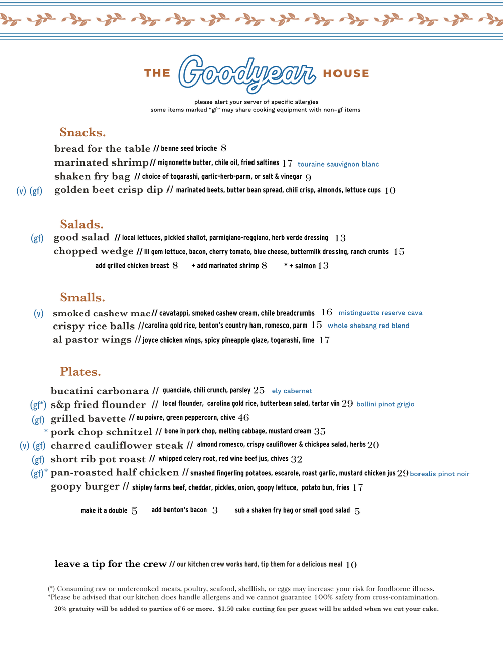 Menus — THE GOODYEAR HOUSE