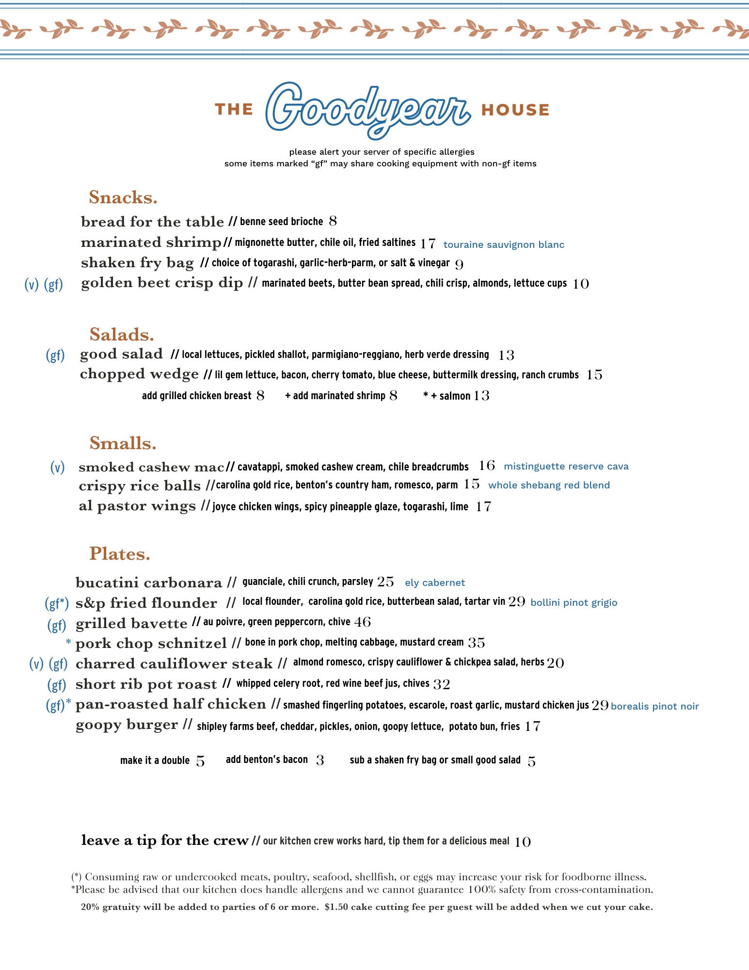 Menus — THE GOODYEAR HOUSE
