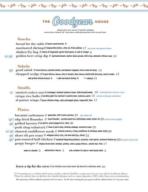 Menus — THE GOODYEAR HOUSE