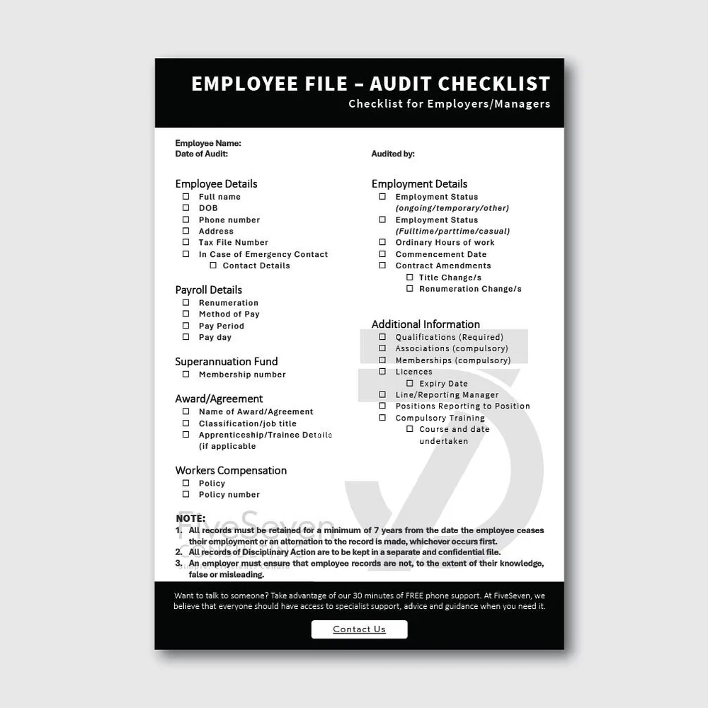Employment File Audit Checklist — FiveSeven Consulting