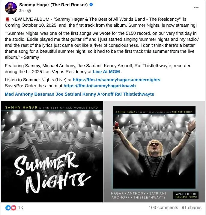 ‘Sammy Hagar & The Best of All Worlds Band - The Residency’ - Live Album Announced — BRING BACK ...