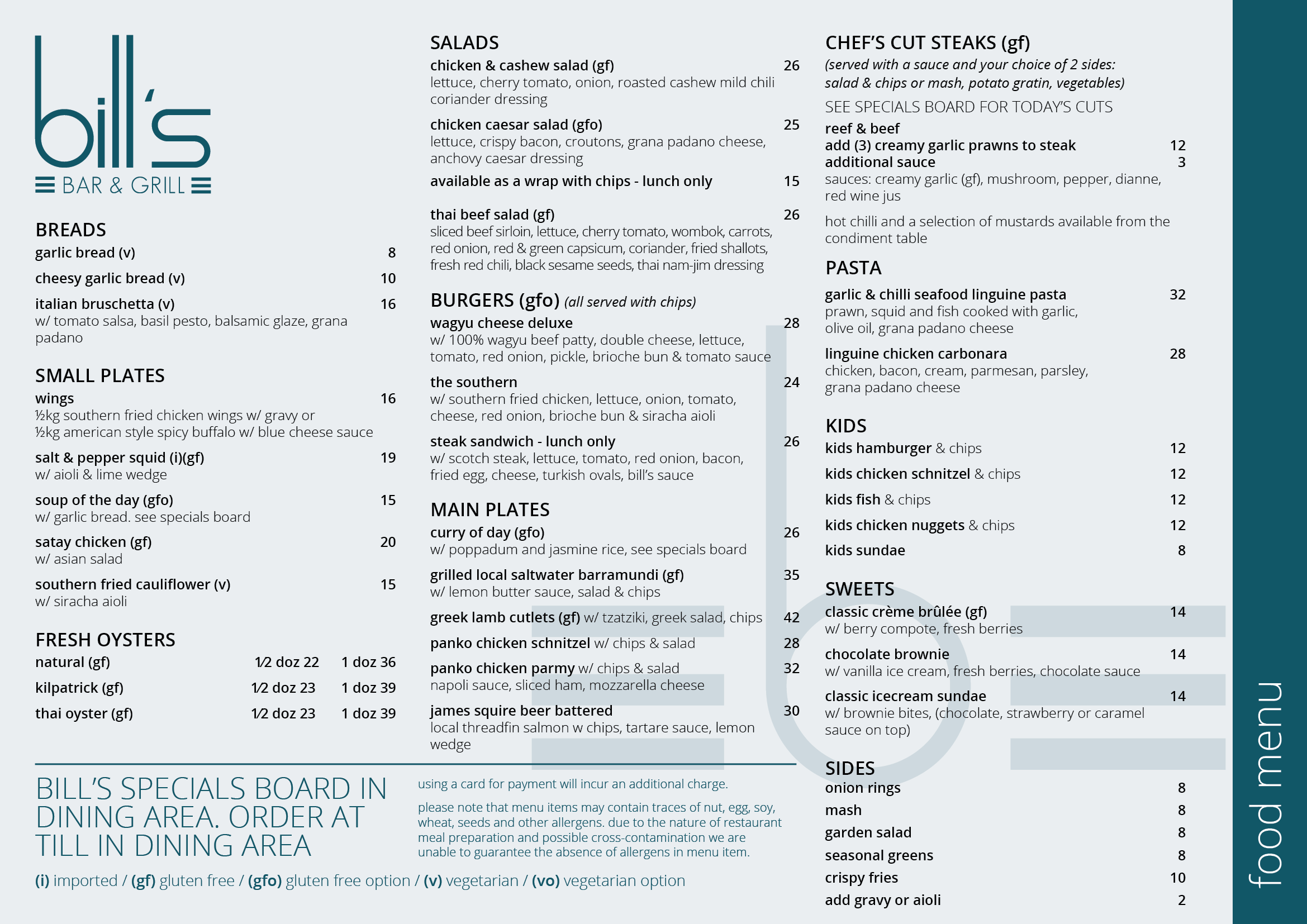 menu — Bill's Bar & Grill