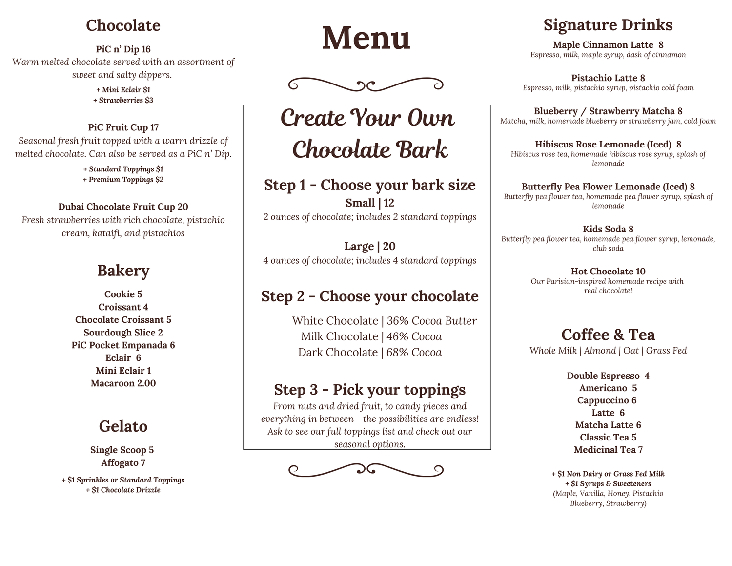 Menu — PiC Chocolate Cafe