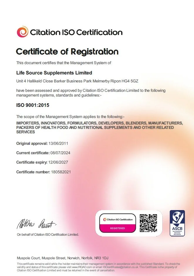 ISO Quality Accreditation — Lifesource Supplements — Lifesource Supplements