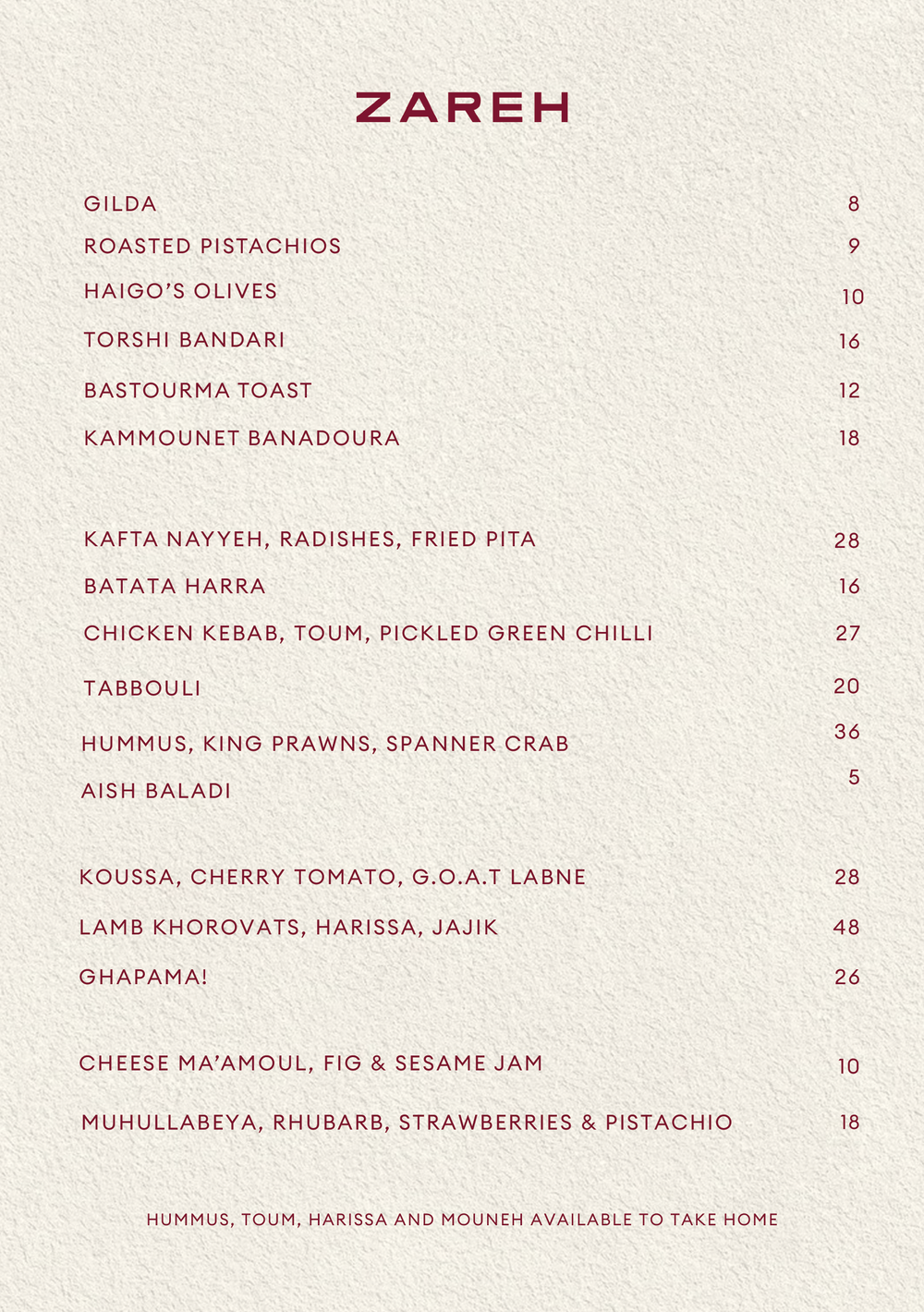 MENU — ZAREH