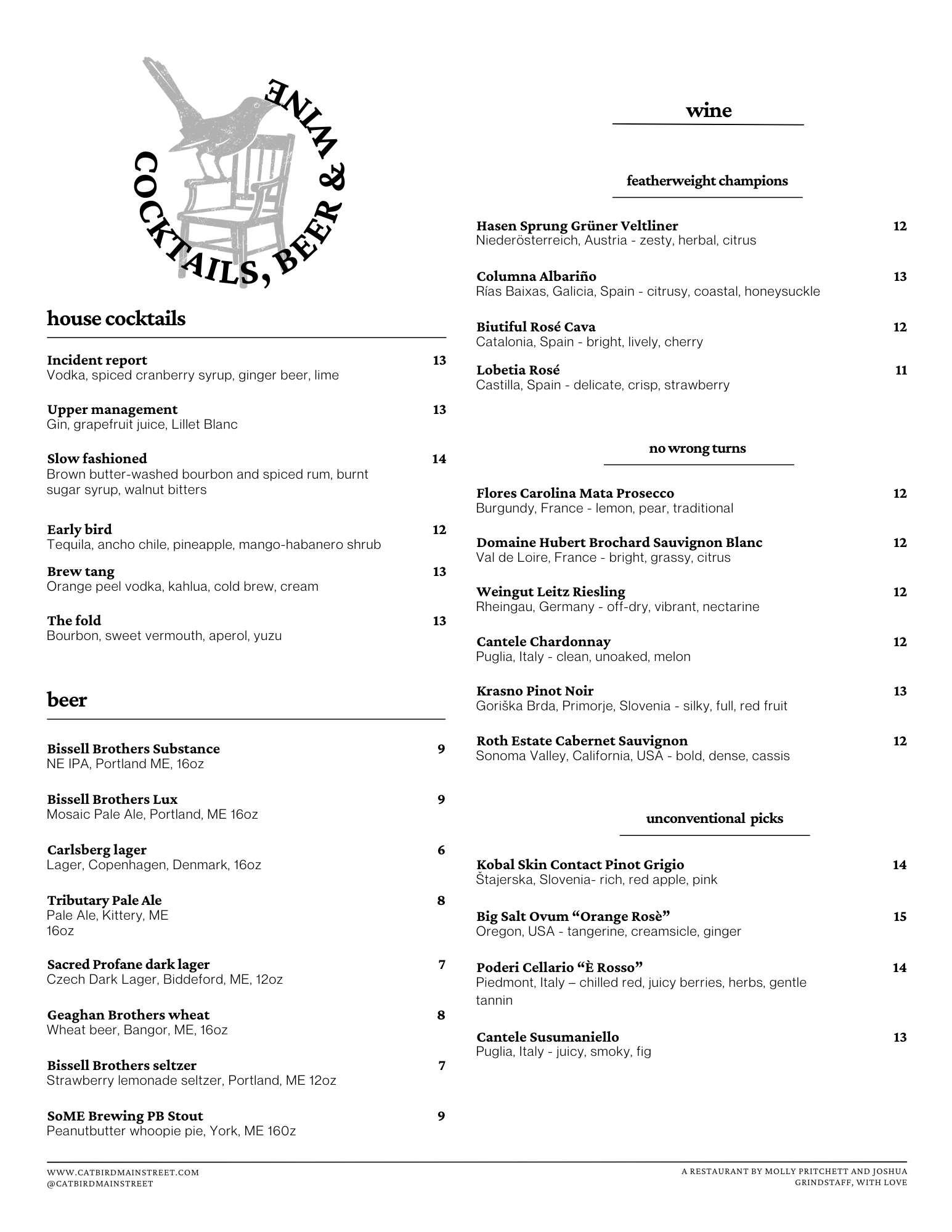 Menu 1 — catbird restaurant