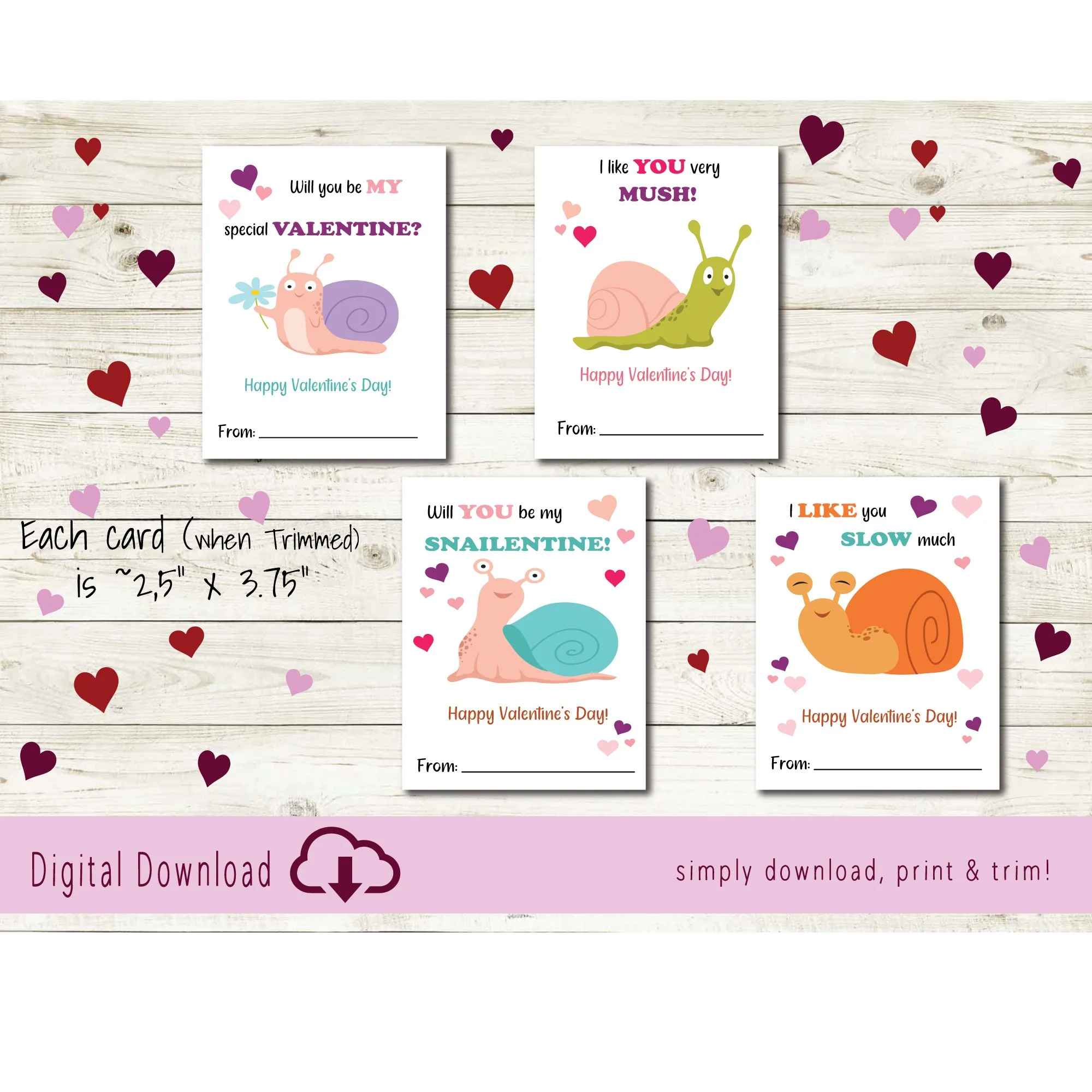 Kids Valentine's Day Cards Cute Snail Valentines- Printable Card ...