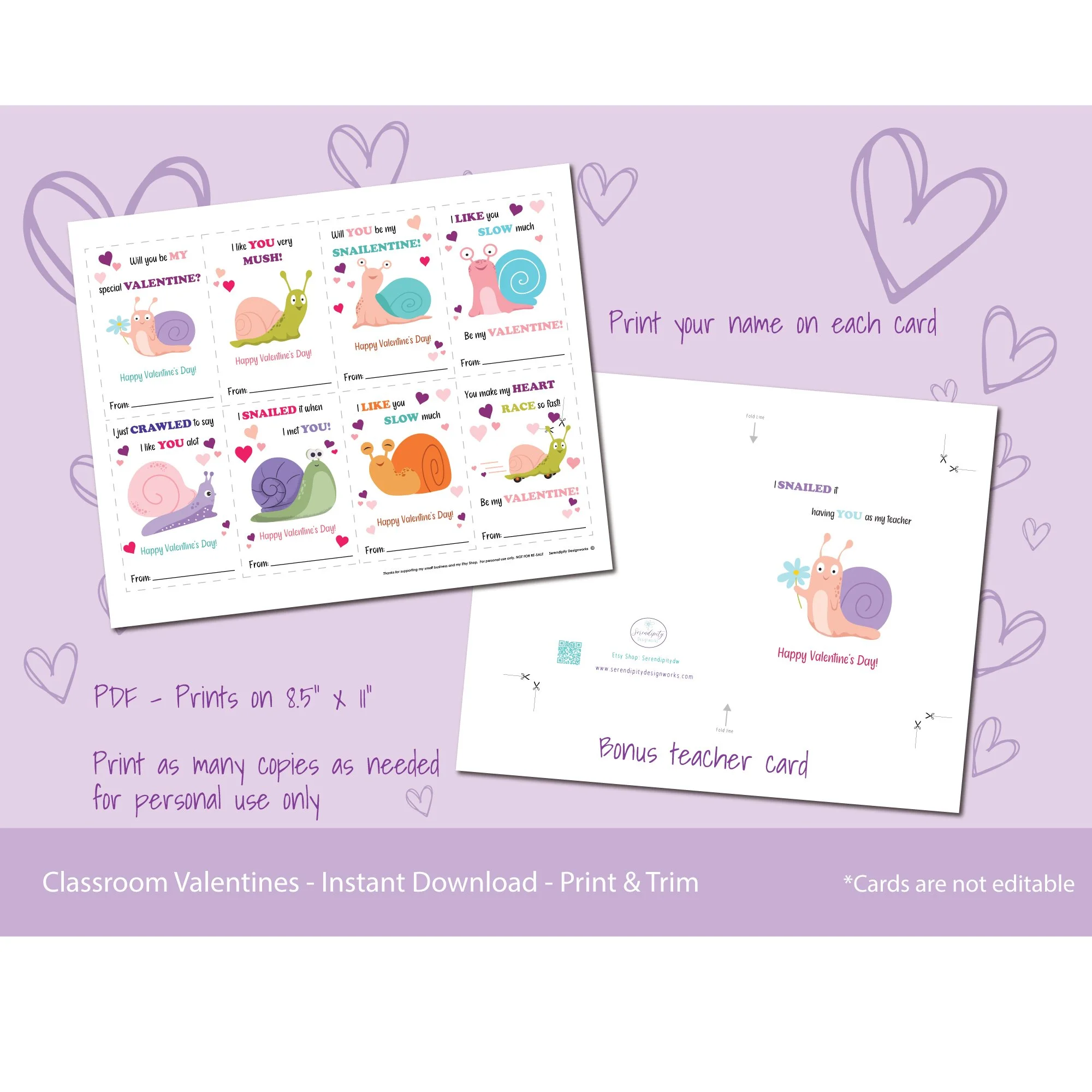 Kids Valentine's Day Cards Cute Snail Valentines- Printable Card ...
