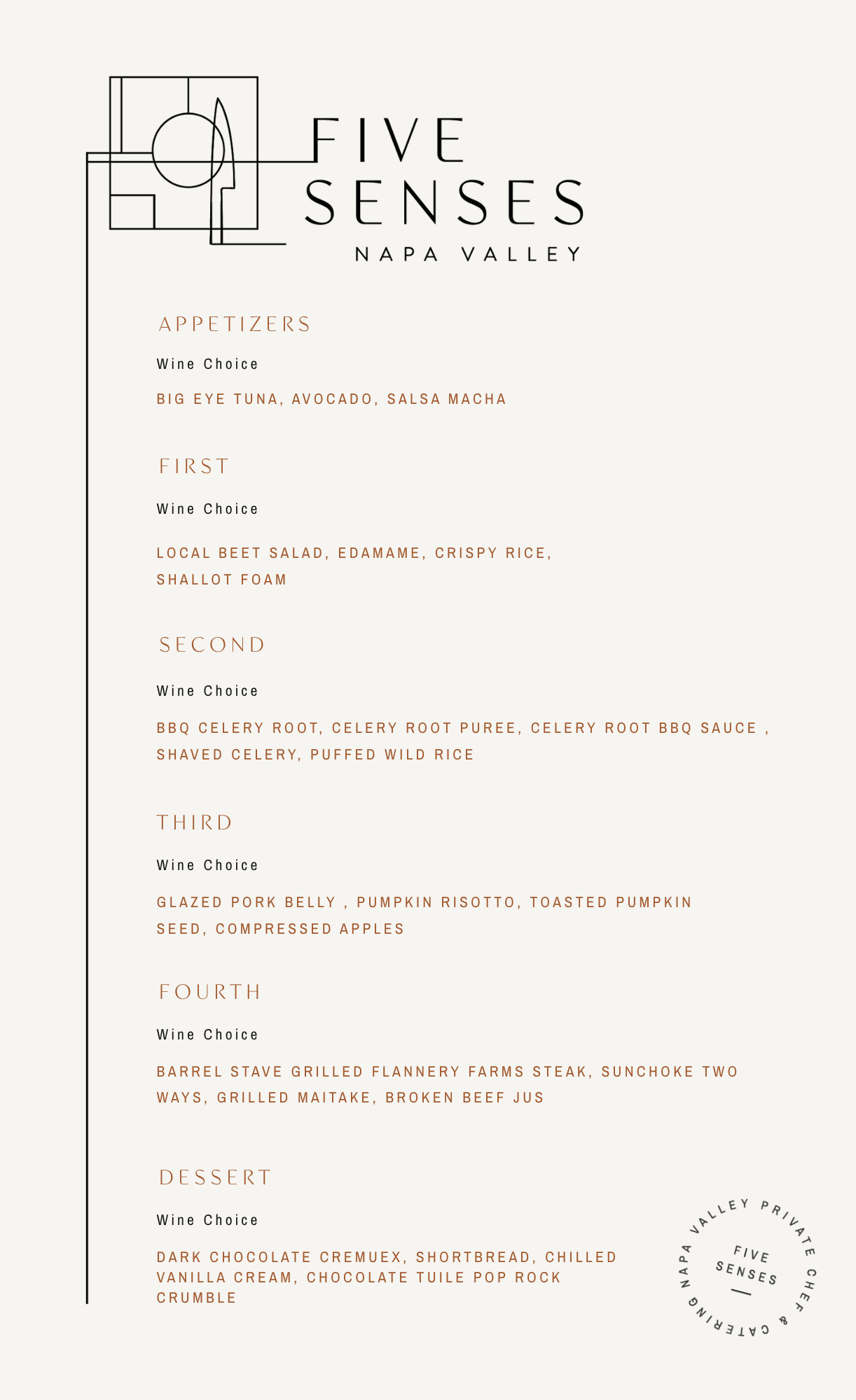Sample Menus | Explore Our Menus Today! — Five Senses Napa