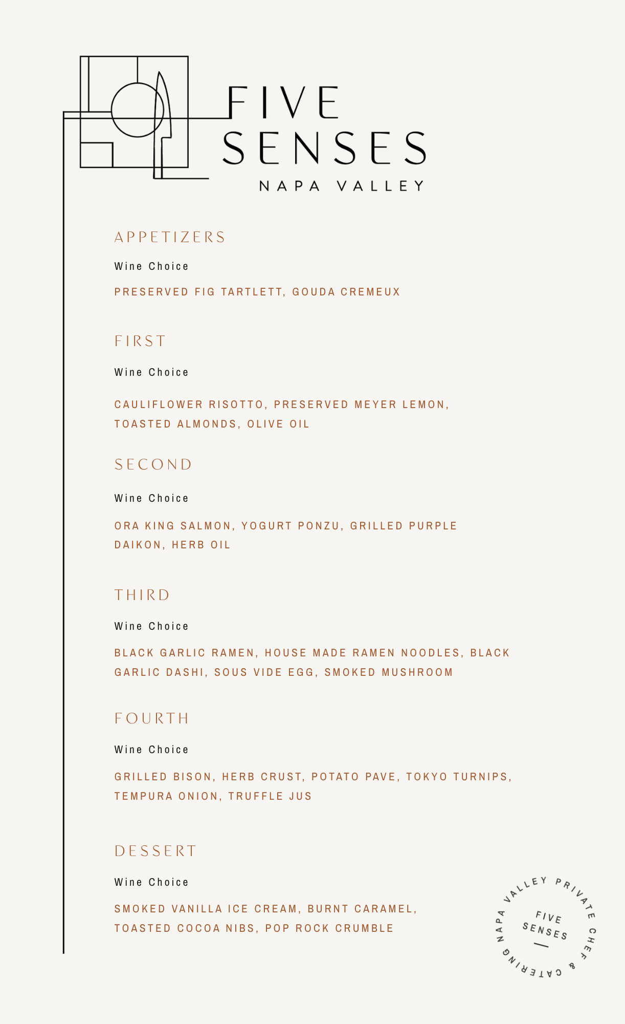 Sample Menus | Explore Our Menus Today! — Five Senses Napa