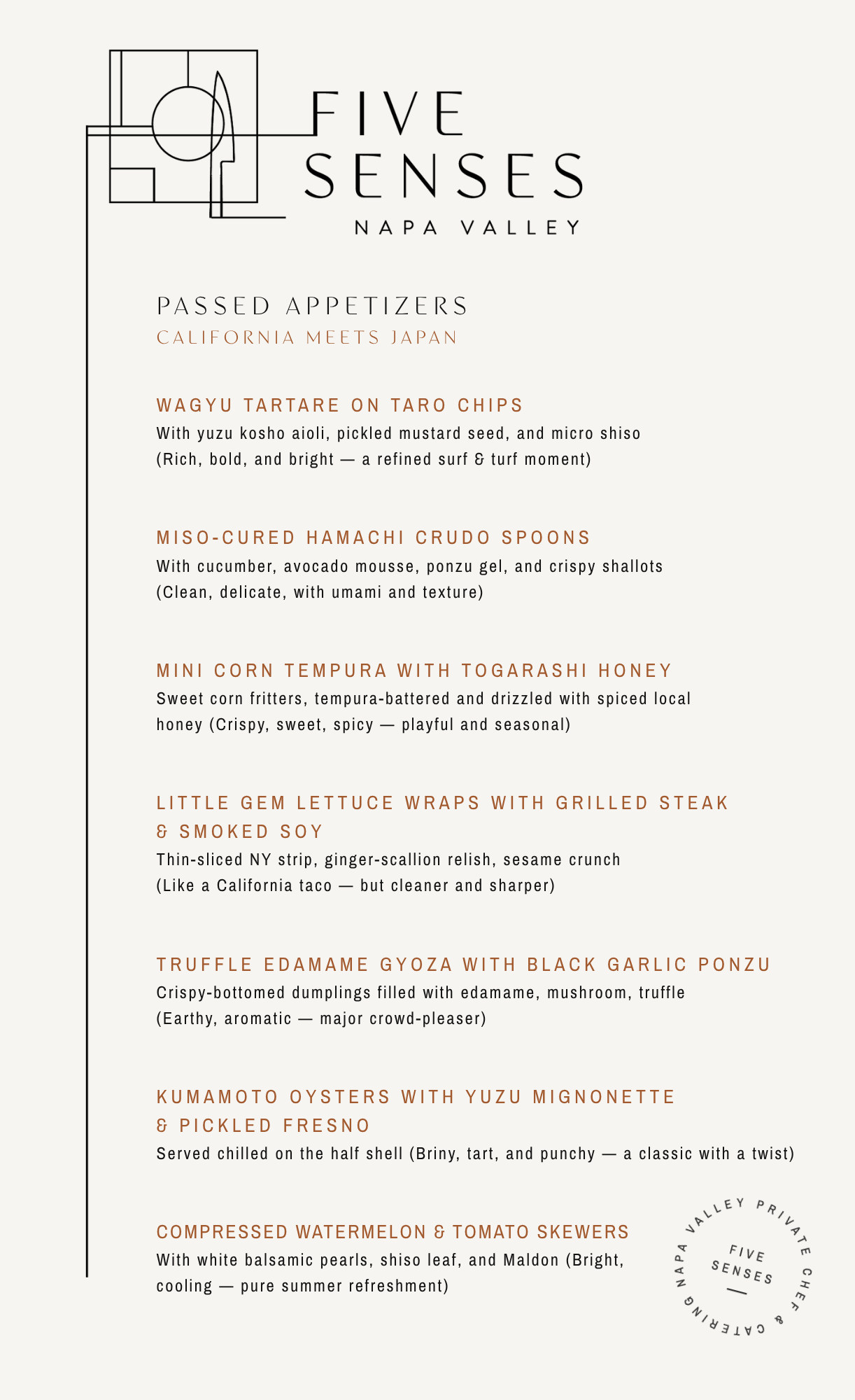 Sample Menus | Explore Our Menus Today! — Five Senses Napa
