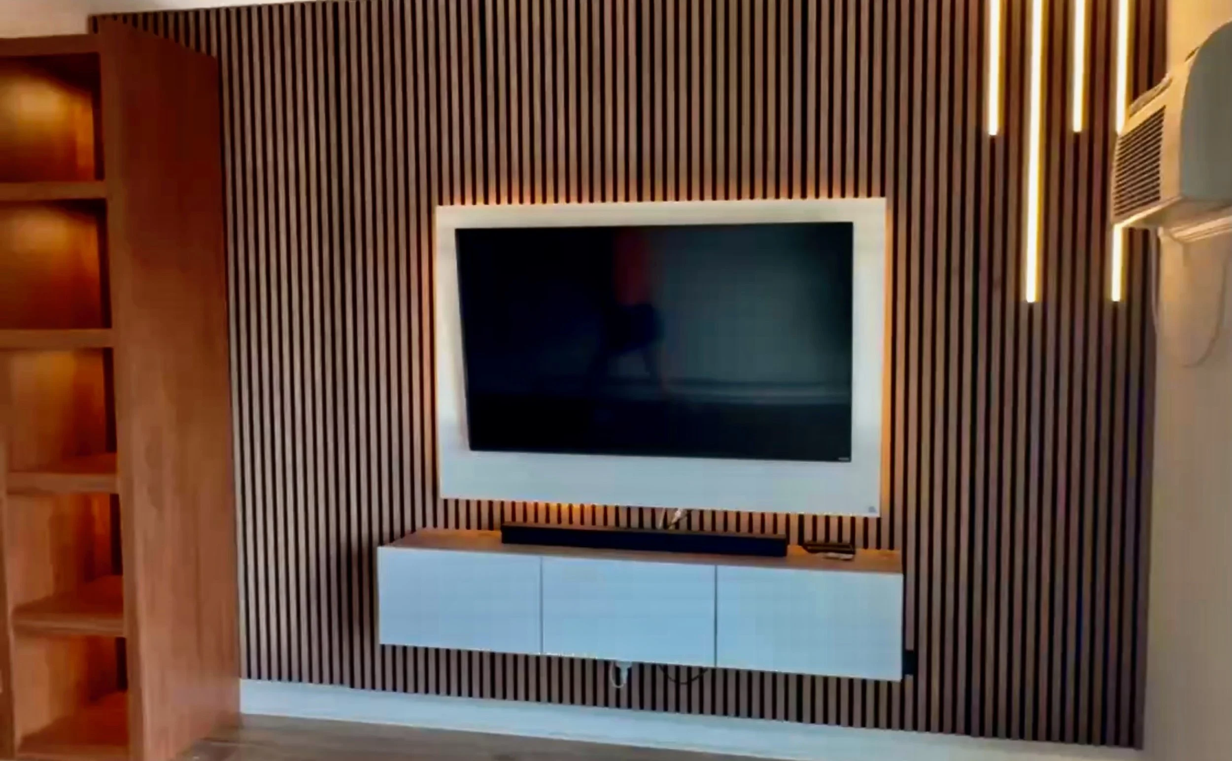 Floating TV Panel Media Wall with Wood Slats | Orlando FL