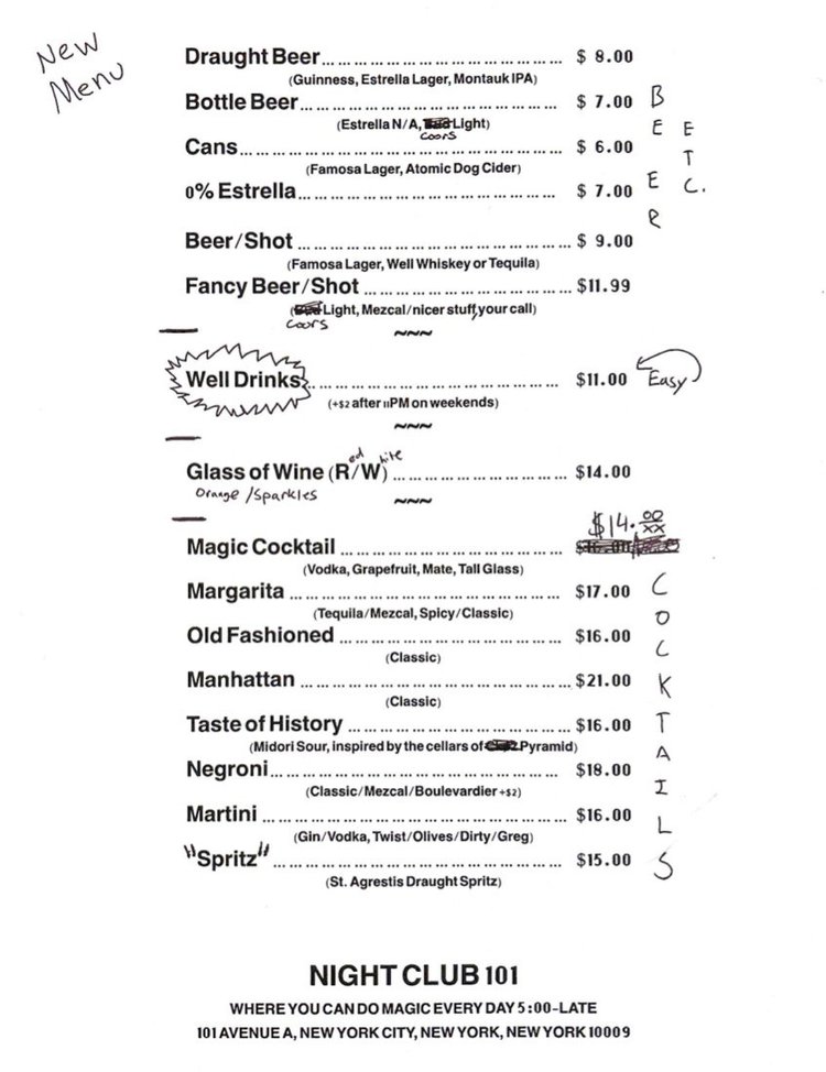 Menu — NIGHT CLUB "101"