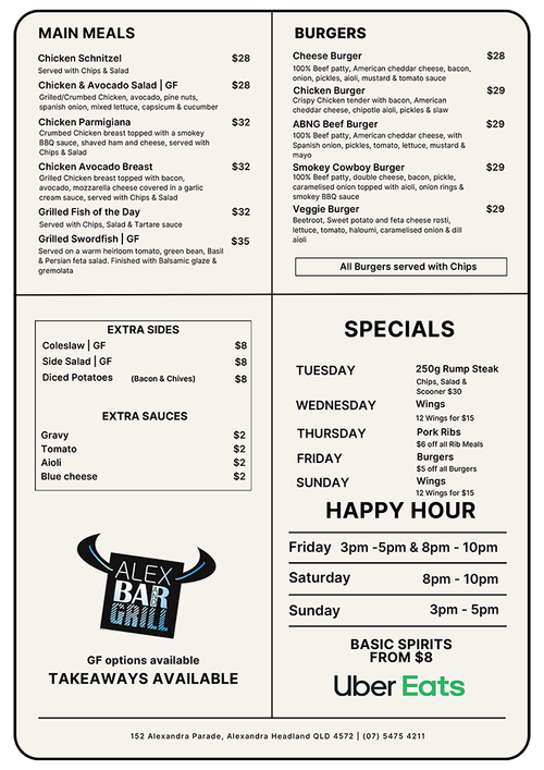 Menu | Discover Daily Wings & Views! — The Alex Bar & Grill