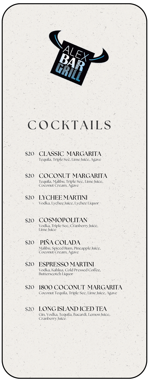 Menu | Discover Daily Wings & Views! — The Alex Bar & Grill