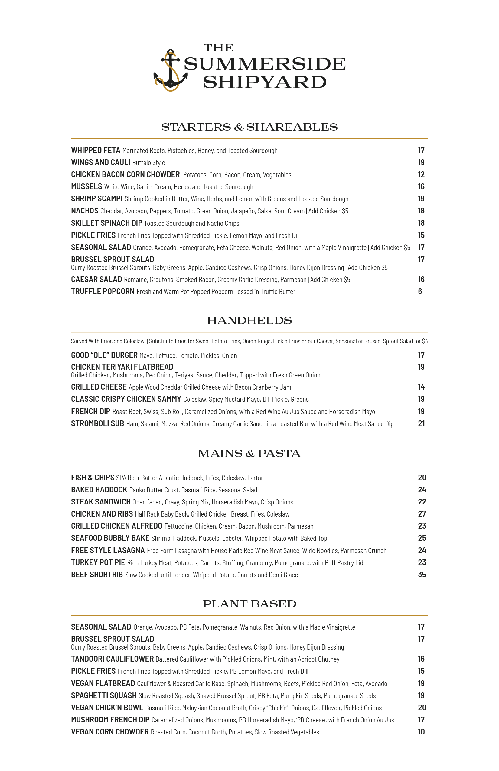 Menu — The Summerside Shipyard in Summerside, PEI