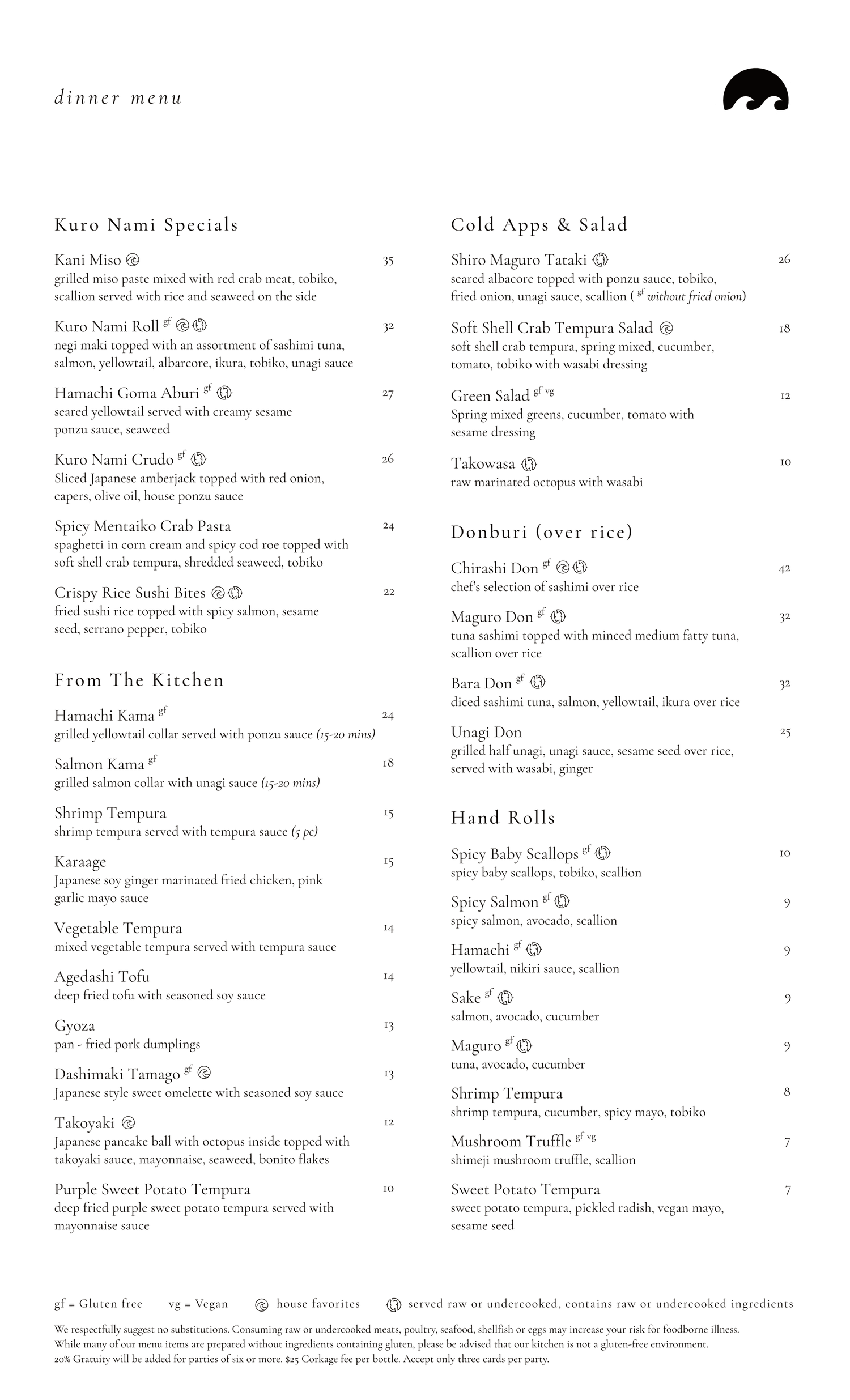 Dinner | Discover Delicious Dinners - Reserve Now — Kuro Nami