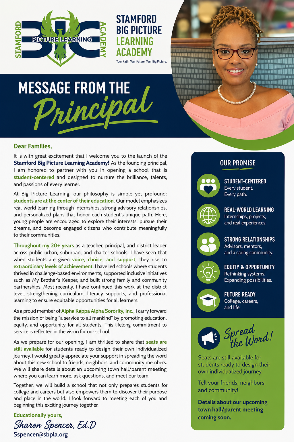 Message from the Principal — Stamford Big Picture Learning Academy