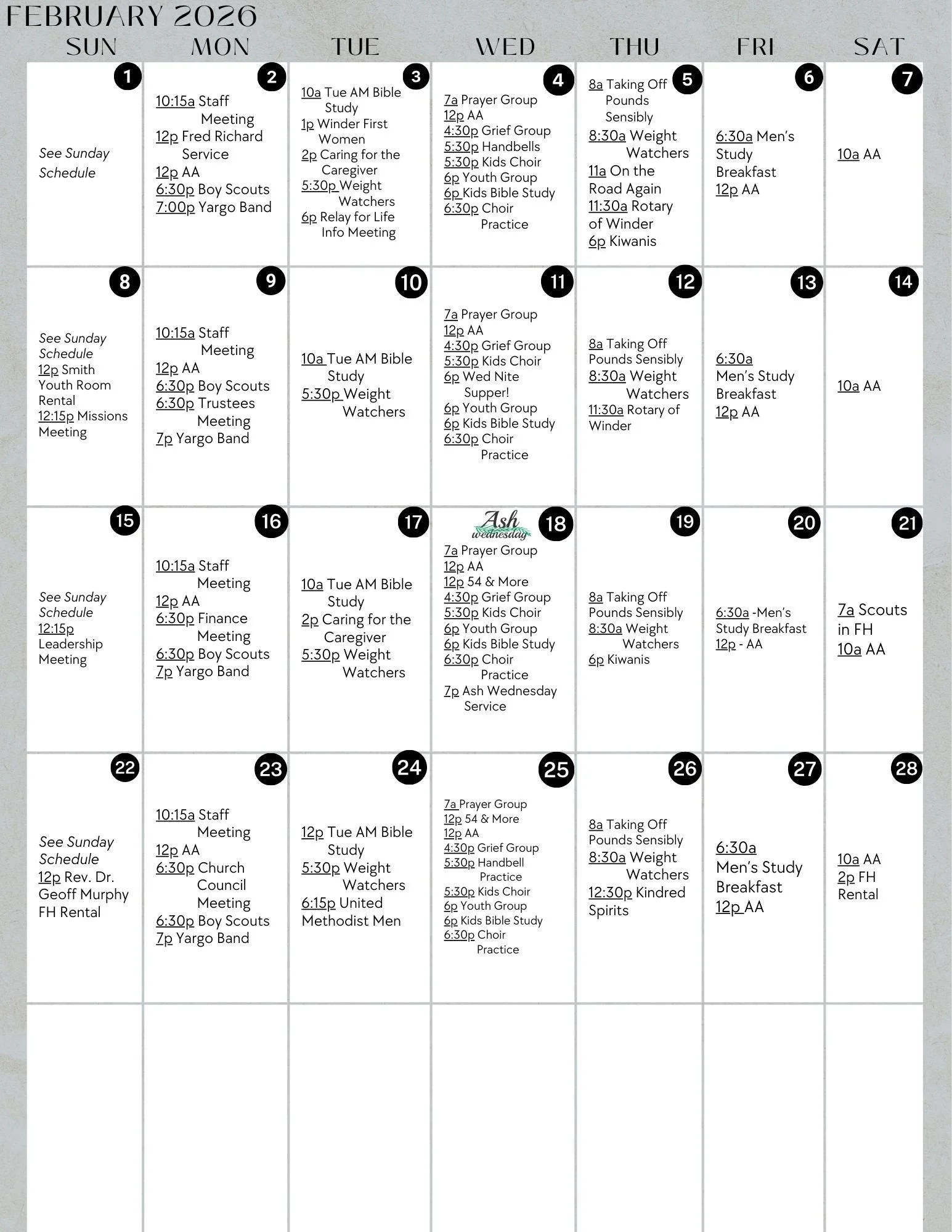Calendar — Winder First United Methodist Church