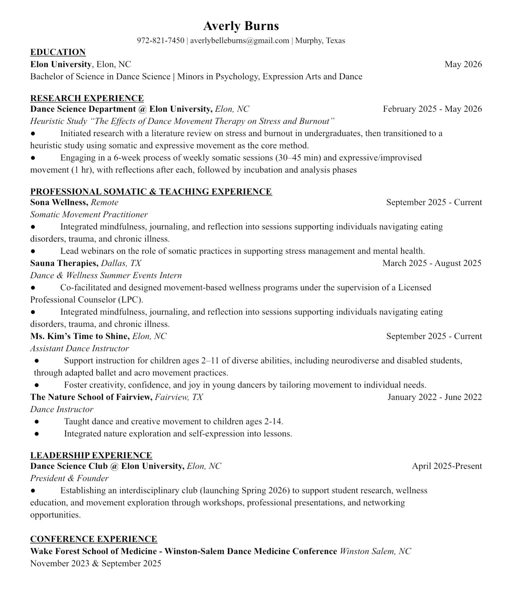Somatic Movement Resume — Averly Belle Burns | Somatic Movement ...
