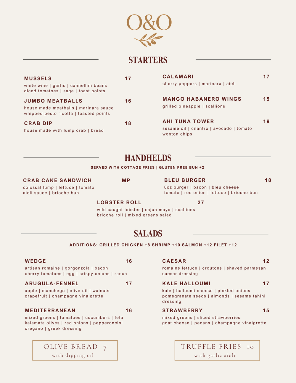 Menu — Olive and Oak Restaurant & Bar